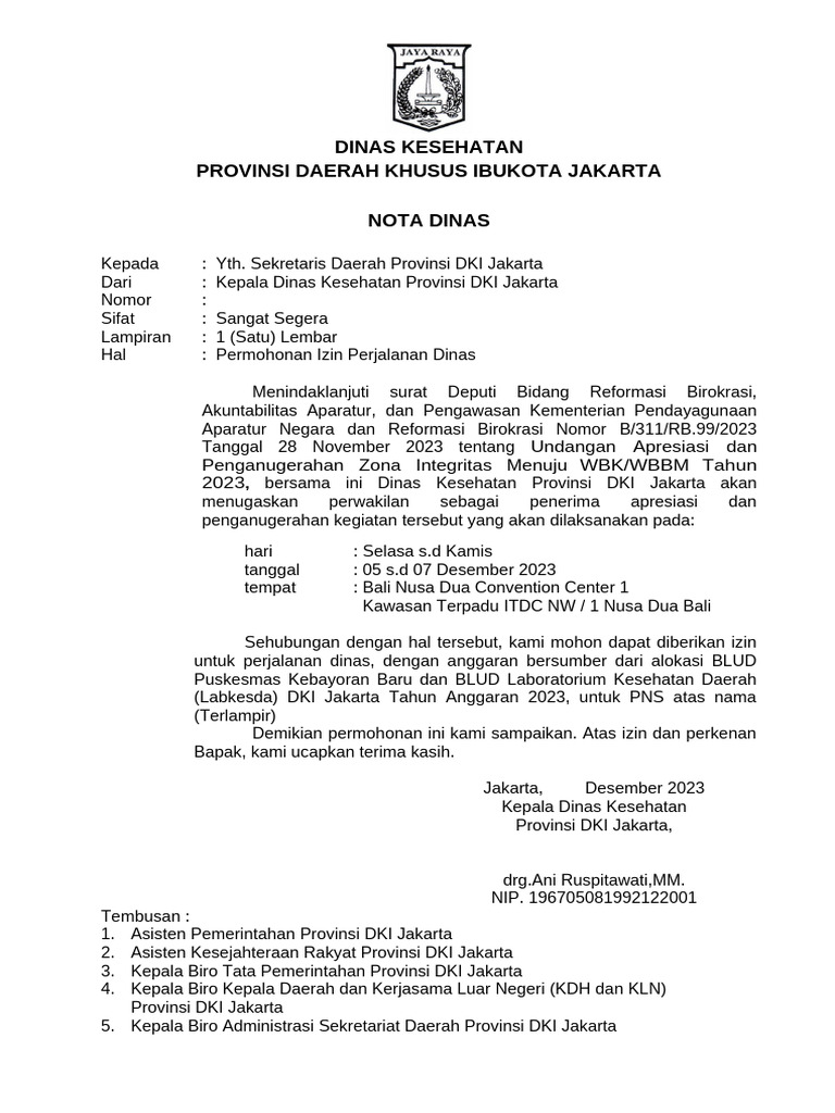 Nota Dinas Perjalanan Dinas BLUD WBKWBBM Bali | PDF