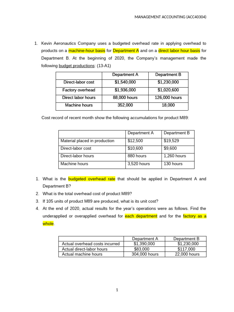 Tutorial 3 - Overheads - Accounting & Control | PDF