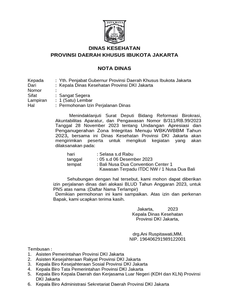 Nota Dinas Perjalanan Dinas WBKWBBM PJ Gub | PDF