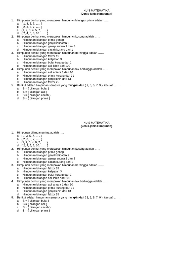 Kuis Matematika Jenis Himpunan | PDF