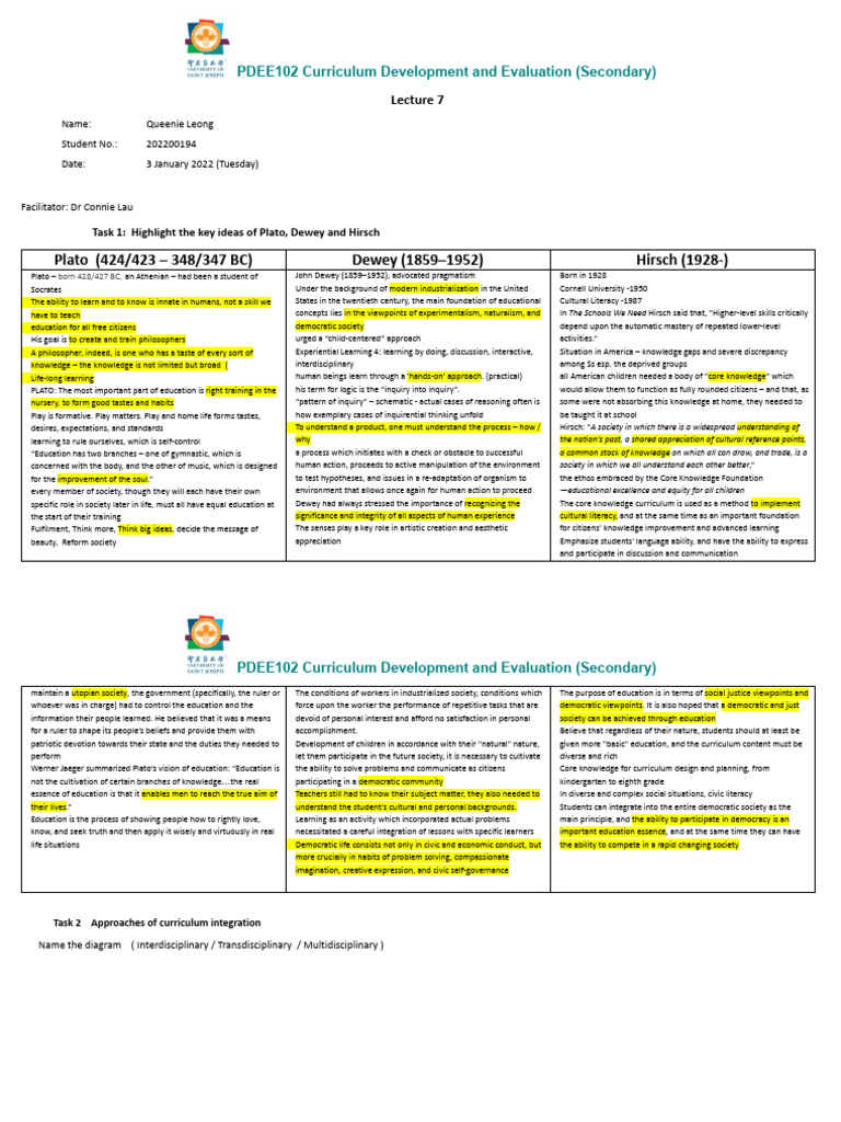 WS7 - Curriculum Integration - Progressive Edu - Ss | PDF