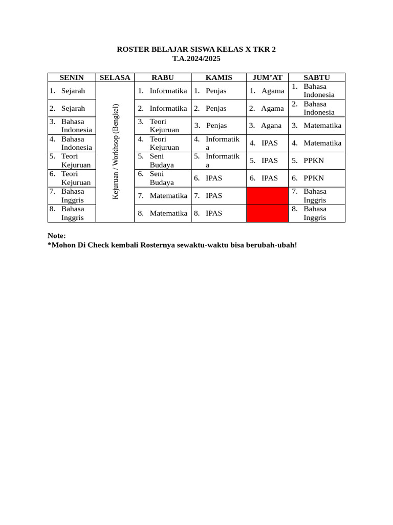 Roster Belajar Kelas X TKR 2 - T.a.2024-2025 | PDF