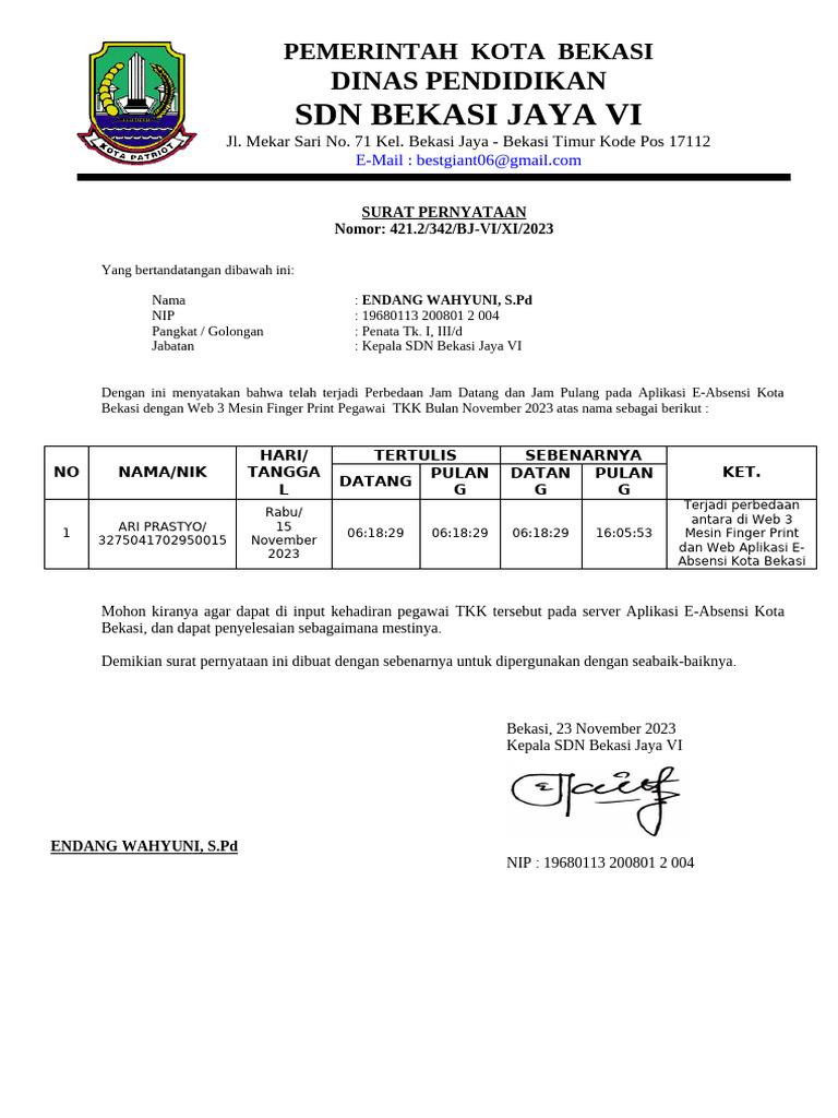 Absen Tidak Terbaca Bulan November 2023 SDN BJ Jaya Vi Ari | PDF
