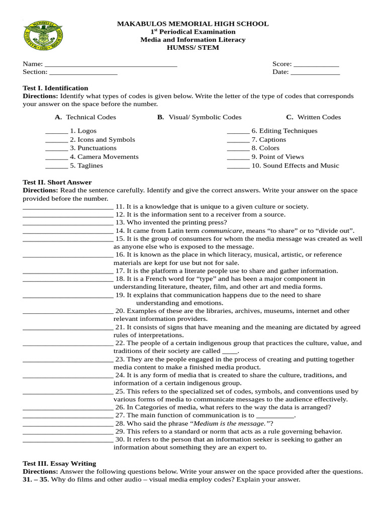 1st Periodical Examination - MIL | PDF