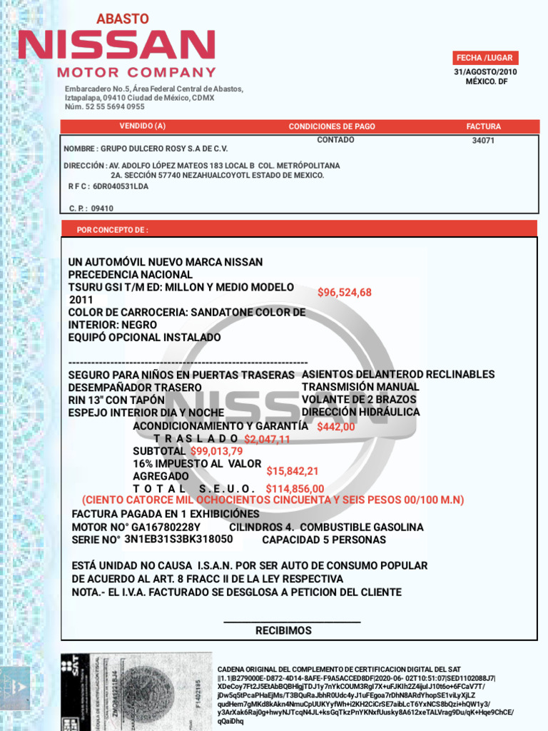 Factura Nissan Mi Amor | PDF