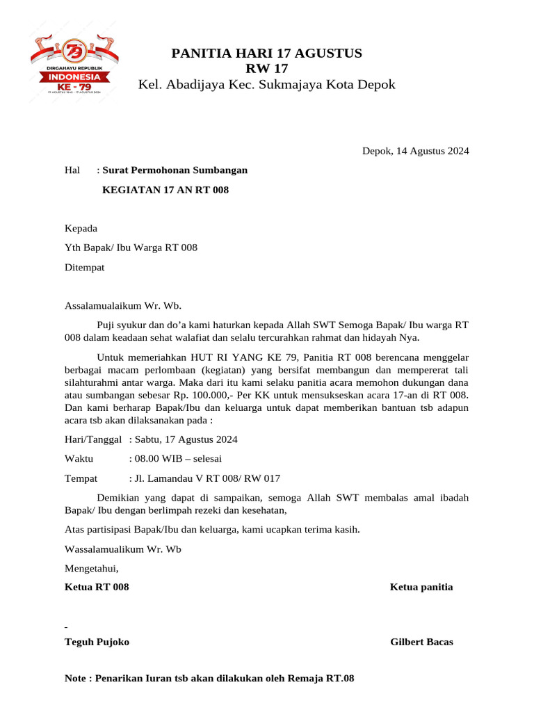 Surat Edaran 17 Agustus RT 008 | PDF