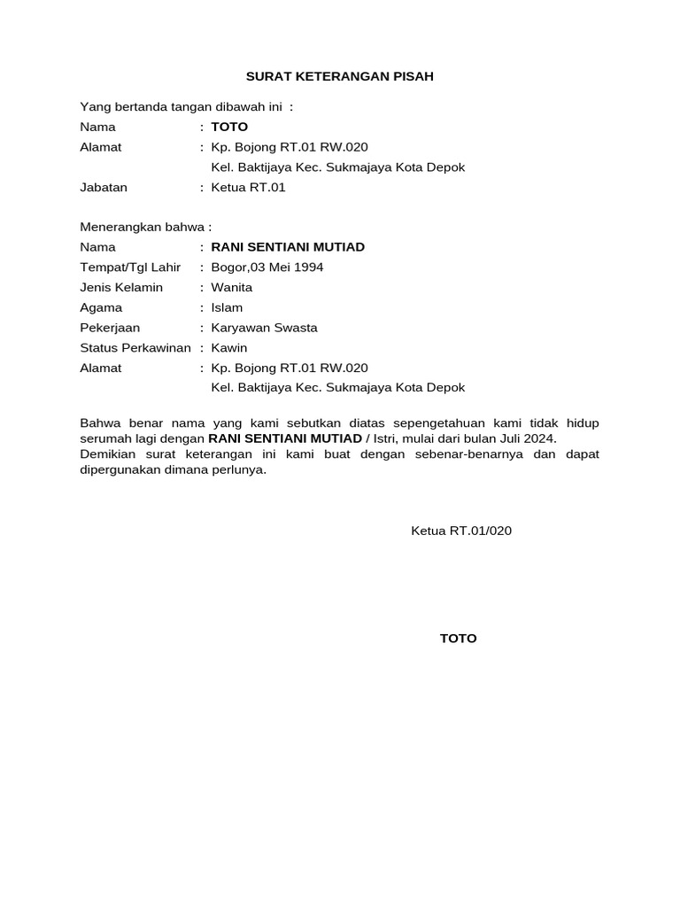 Surat Keterangan Pisah | PDF