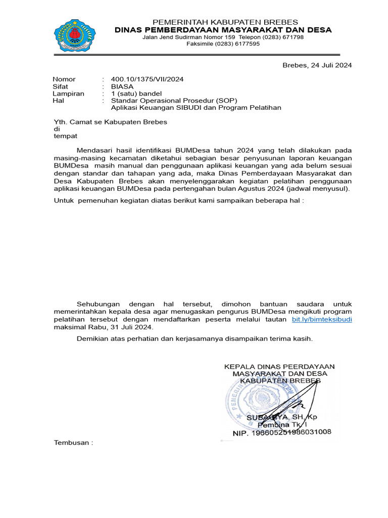 Surat Edaran Sop Aplikasi Keuangan Sibudi | PDF