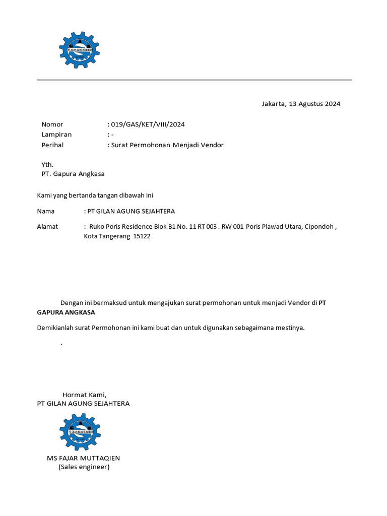 Surat Permohonan Menjadi Vendor | PDF