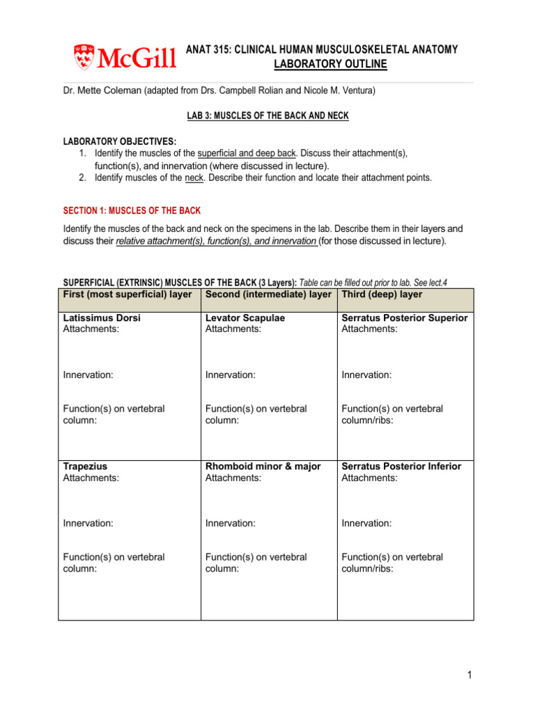 ANAT315 - Lab 3 - Muscles of The Back & Neck 2024 | PDF