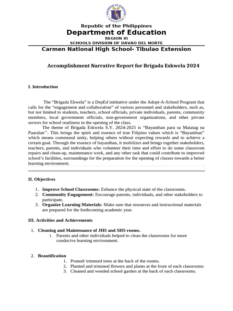 Accomplishment Narrative Report for Brigada Eskwela 2024 | PDF