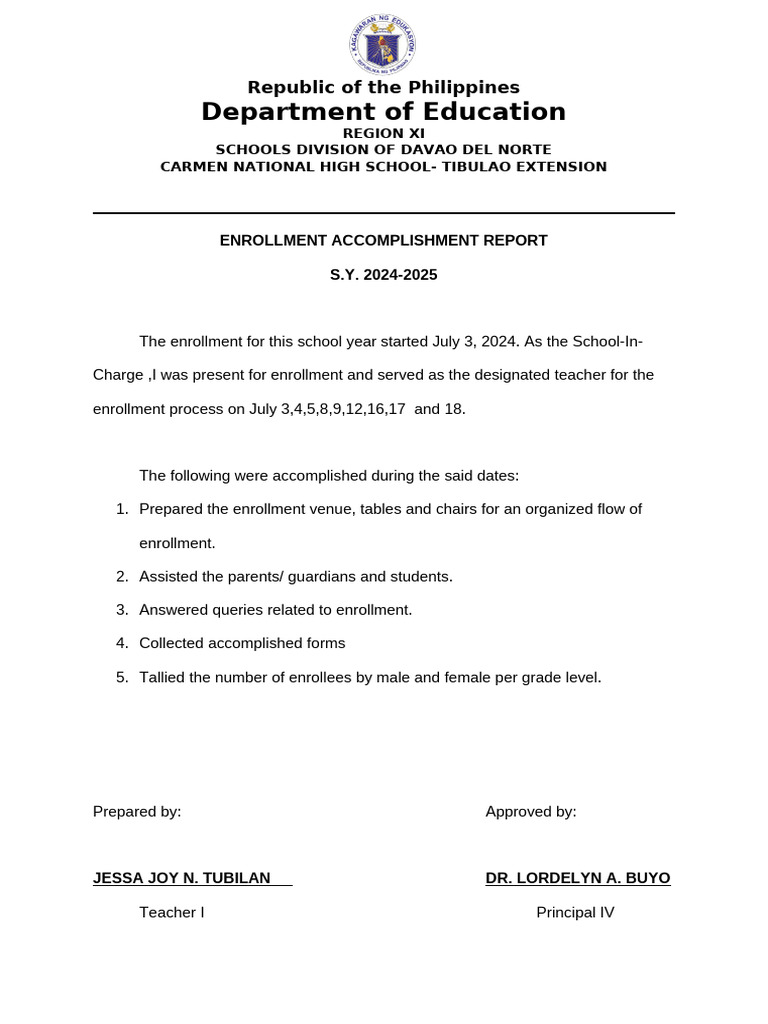 Enrollment Accomplishment Report | PDF