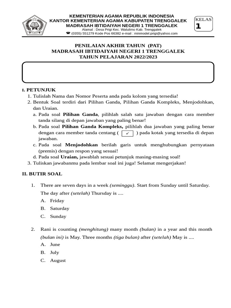 Soal Pat Bhs. Inggris KLS - 1 | PDF