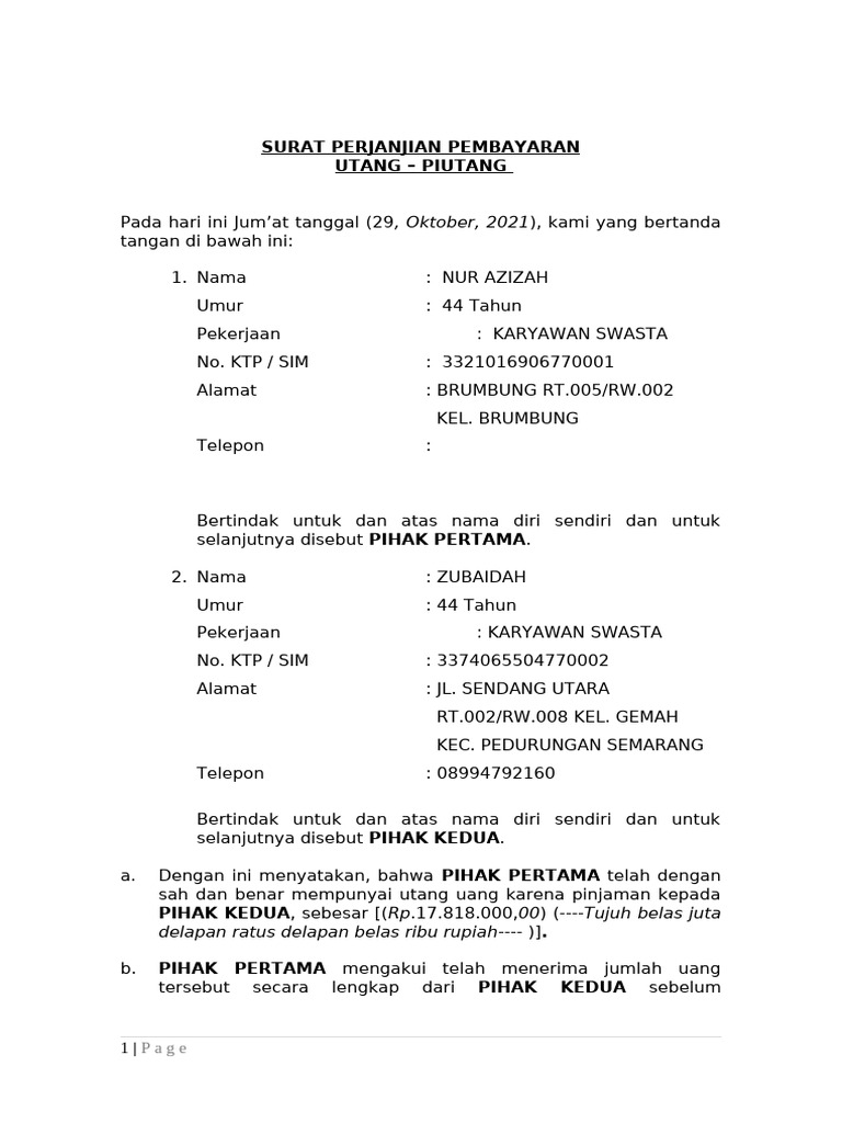 Draft Surat Perjanjian Utang Piutang | PDF