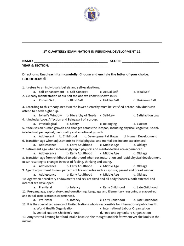 PERSONAL DEVELOPMENT EXAM | PDF