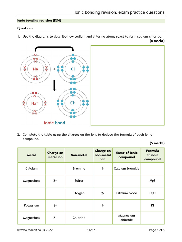 Ionic Bonding Exam Practice Teachit 31267 | PDF