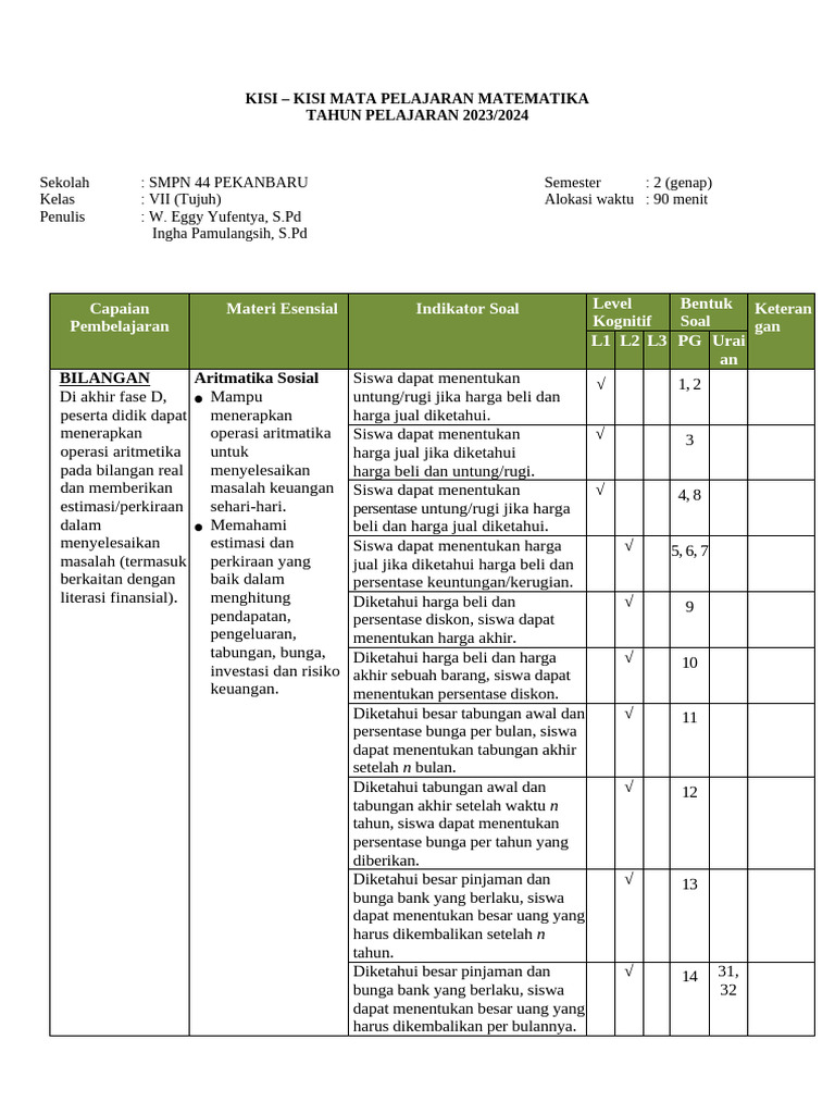 Kisi-Kisi MTK KLS 7 | PDF