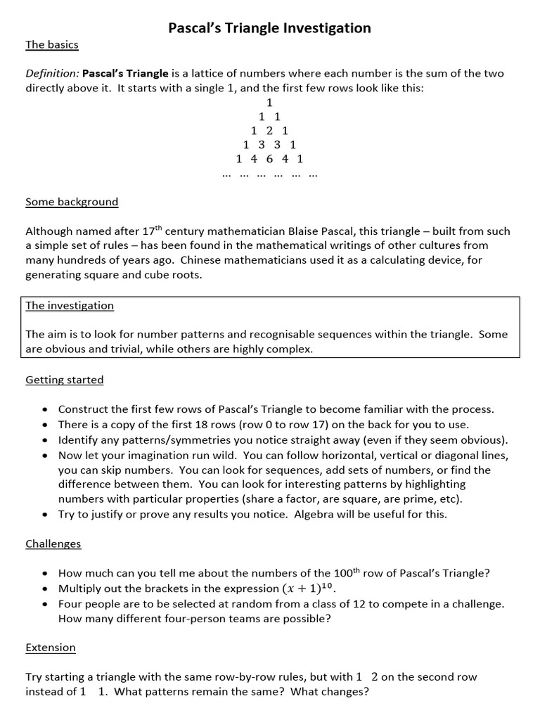 Pascal Triangle Investigation | PDF