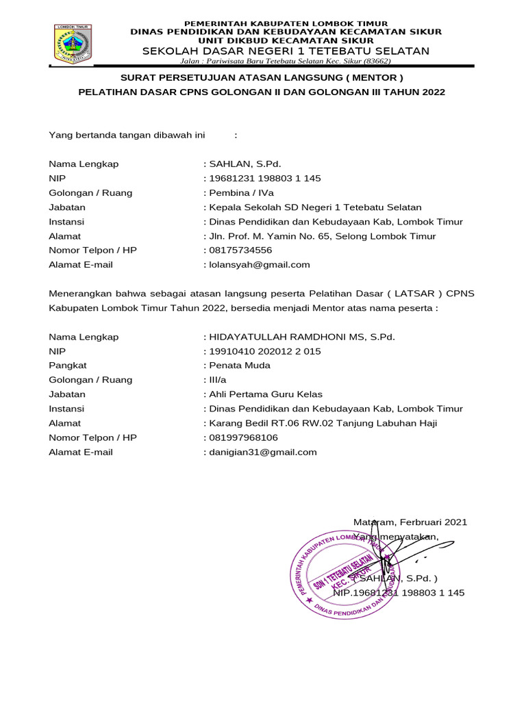 Surat Persetujuan Mentor Untuk Latsar Cpns | PDF