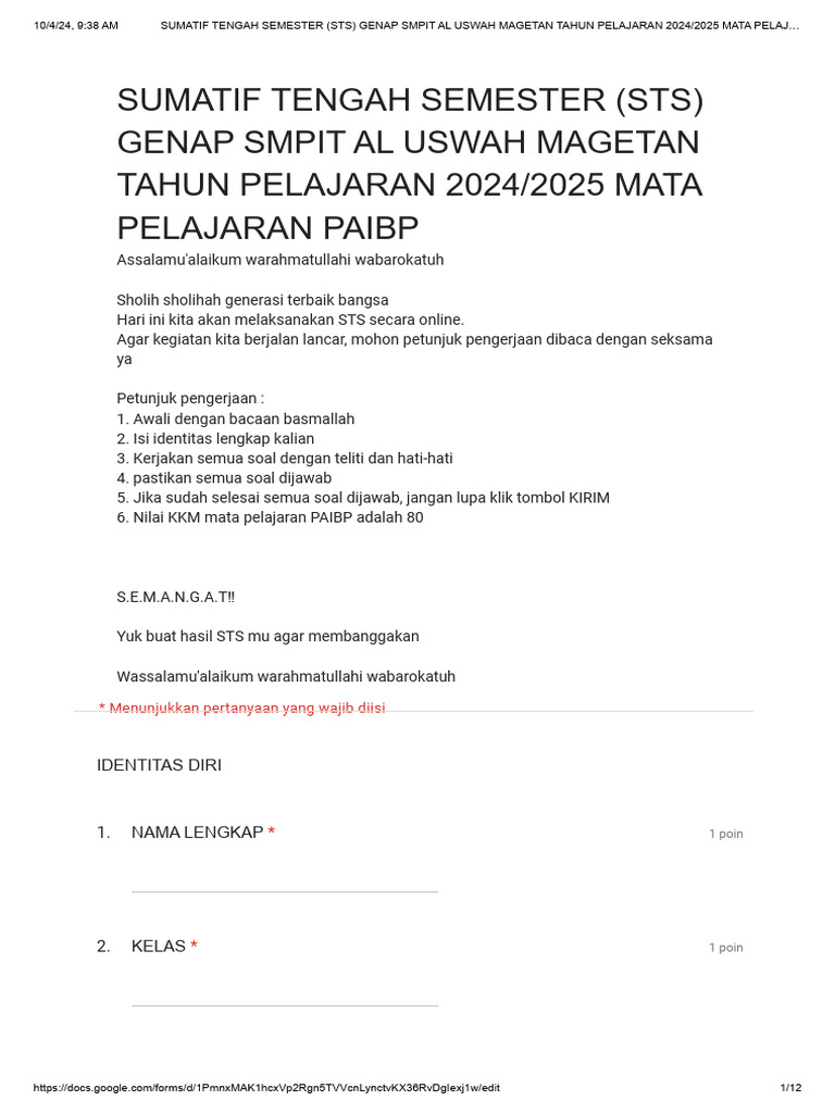 PAI9 - STS - GANJIL - 2024 - 2025 - Google Formulir | PDF