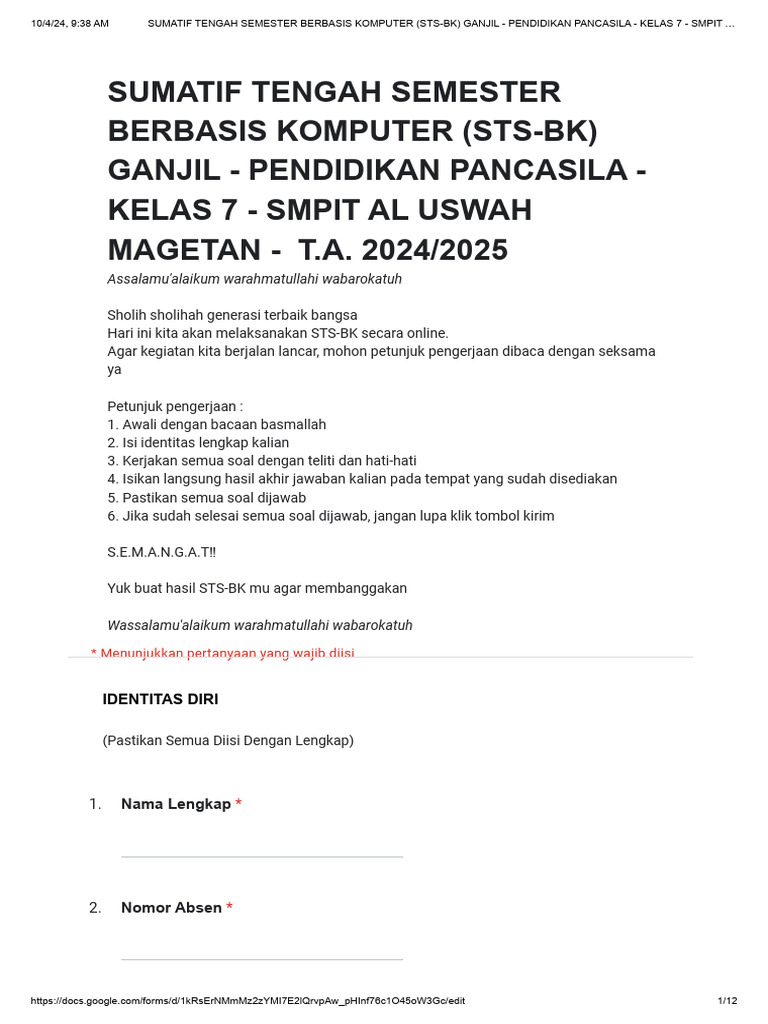 PP - 7 - STS - GANJIL - 24 - 25 - Google Formulir | PDF