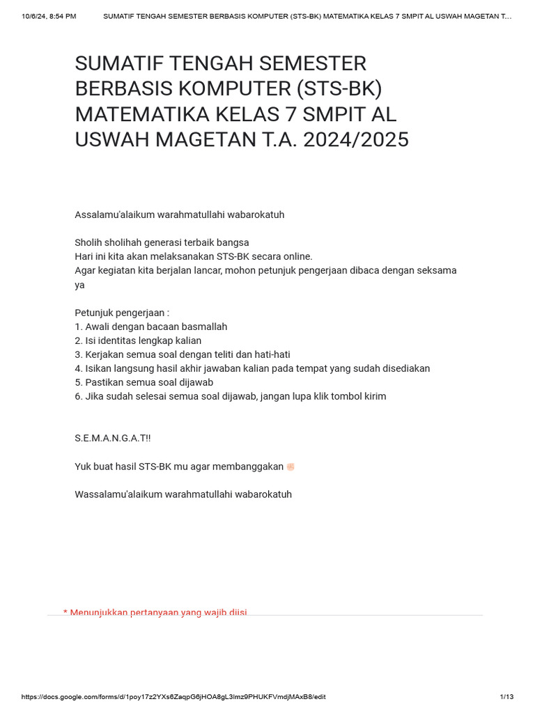 Salinan Dari MTK - 7 - STS - GANJIL - 2024 - 2025 - Google Formulir | PDF