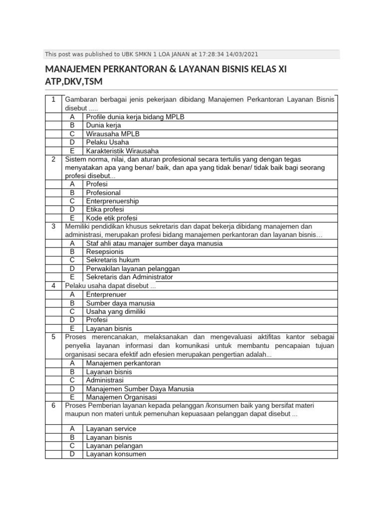 SOAL - MPLB - XI - ATP, DKV, TSM - PTS - 2024 (1) (AutoRecovered) | PDF