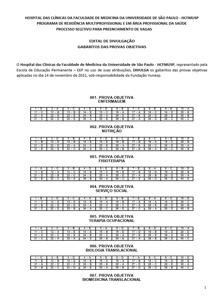 Edital de Divulgacao Gabaritos Das Provas Objetivas Prova Aplicada em ...