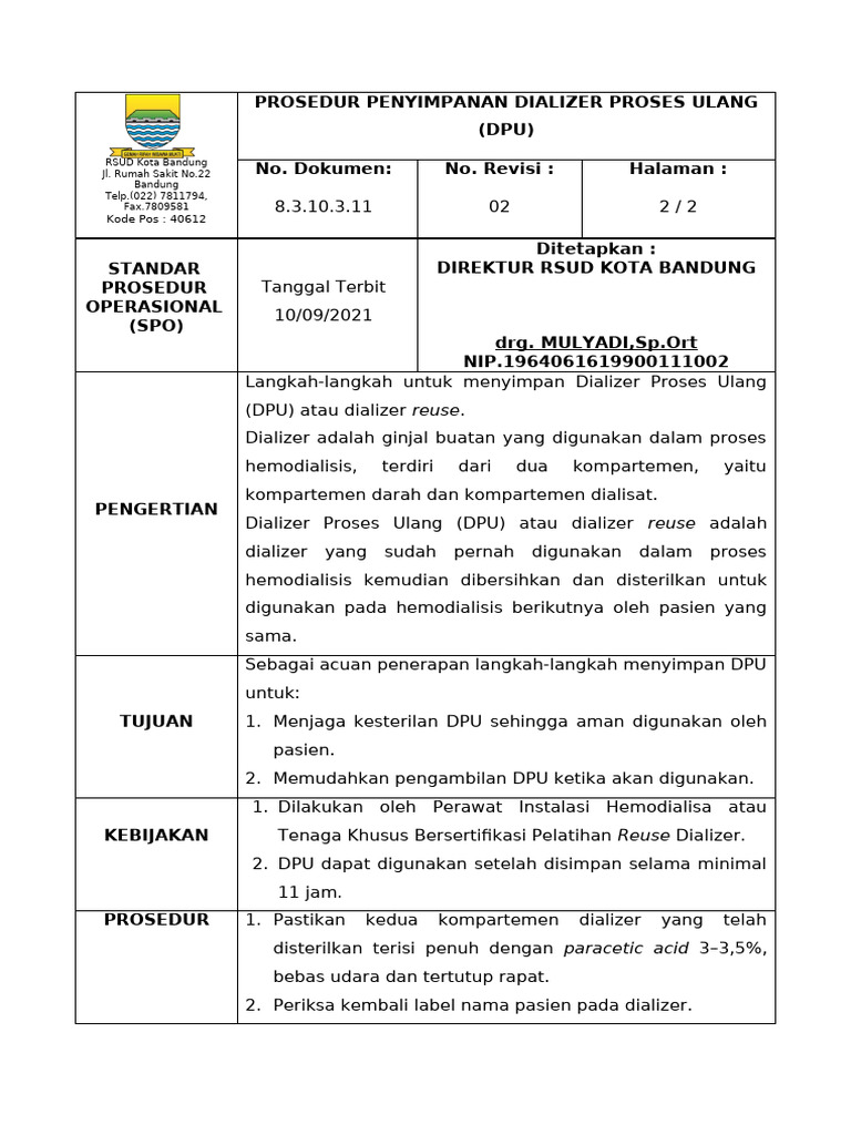 Spo 11 Prosedur Penyimpanan Dializer Proses Ulang (Dpu) | PDF