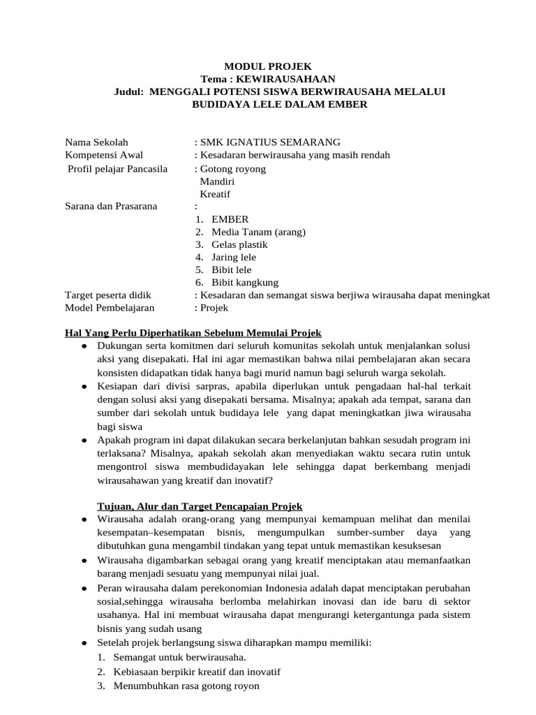 Modul Projek P5 Kewira Usahaan SMK Ignatius | PDF
