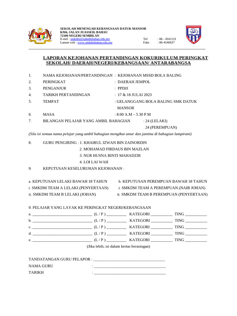 Contoh Laporan Sukan Permainan (Laporan Pertandingan) Tahun 2023 Bola ...