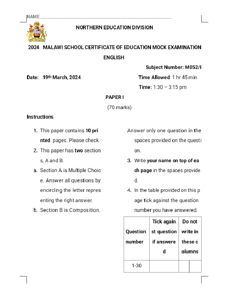 English Msce Paper 1 - Phoenix | PDF