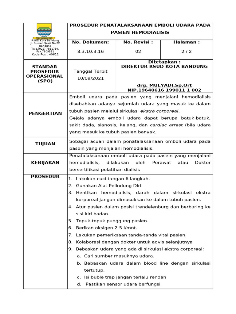 Spo 16 Prosedur Penatalaksanaan Emboli Udara Pada Pasien Hemodialisis | PDF