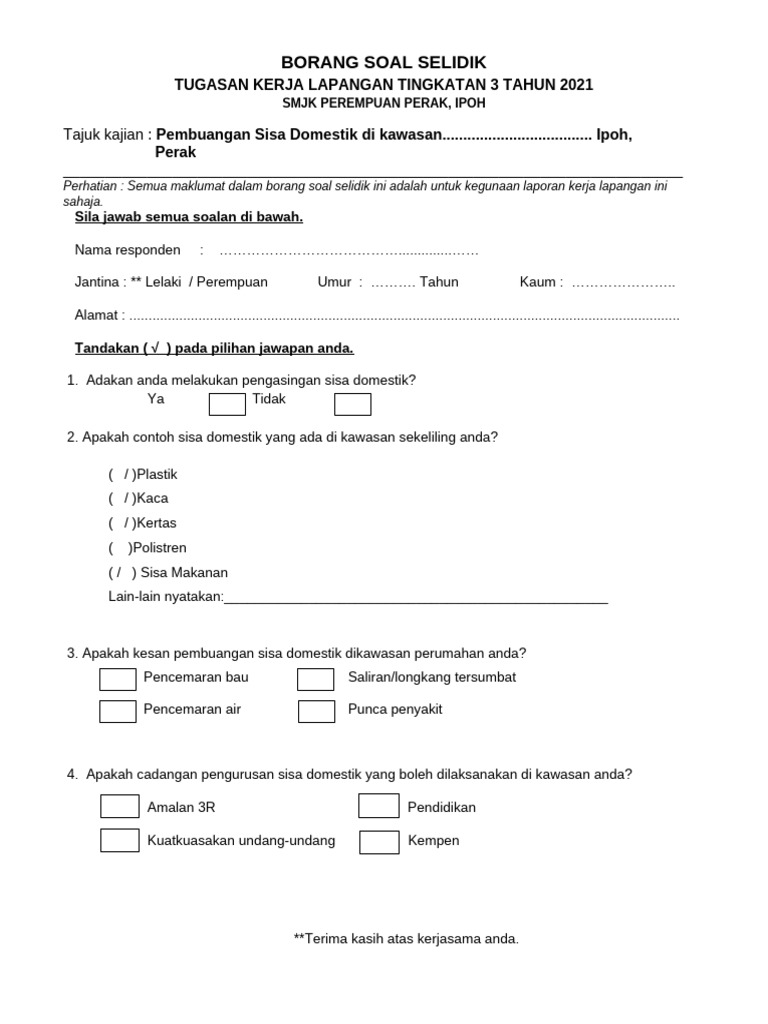 Borang Soal Selidik Geografi T3 | PDF | Bisnis