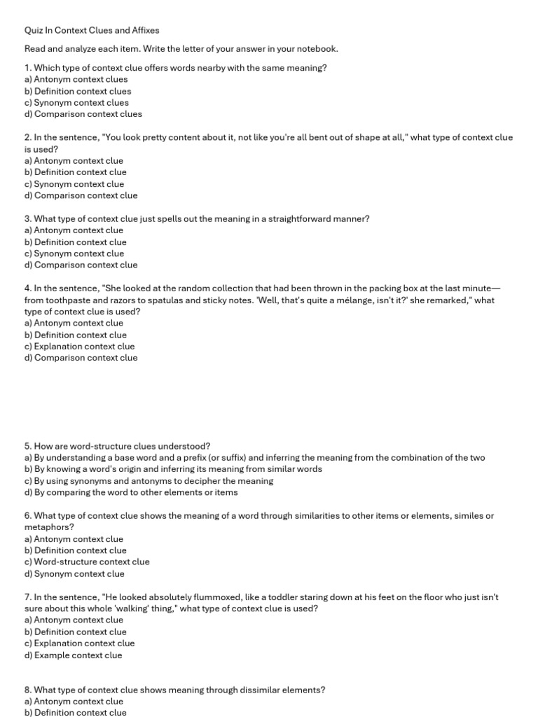 Quiz In Context Clues and Affixes (F) | PDF