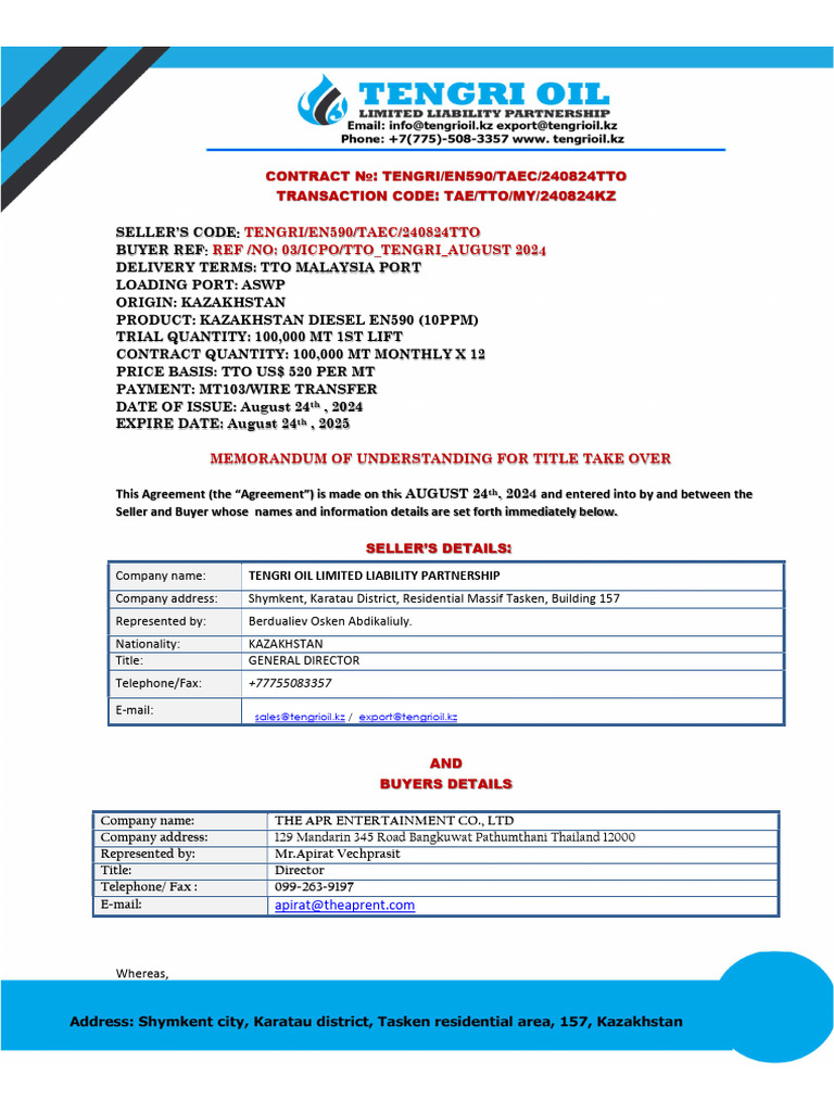 Tengri Oil Mou - The Apr-1 | PDF