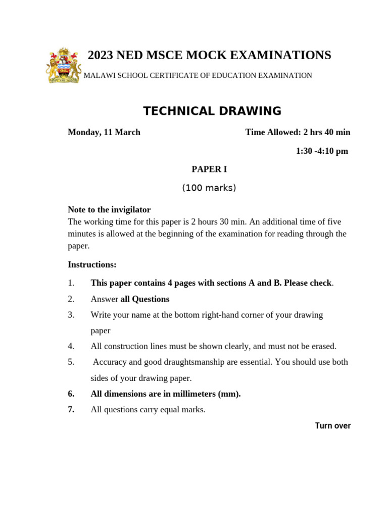 Ned 2024 Msce 4 Technical DRG Paper 1 Questions | PDF