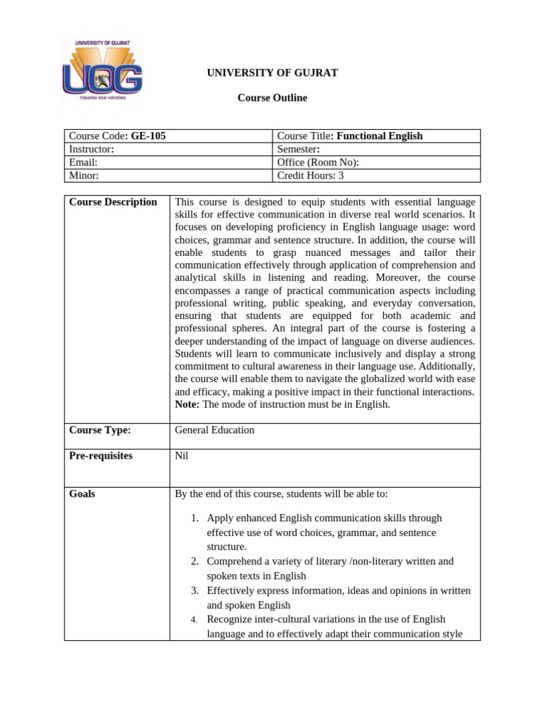 GE-105 Sixteen Week Plan of Functional English (Updated) | PDF
