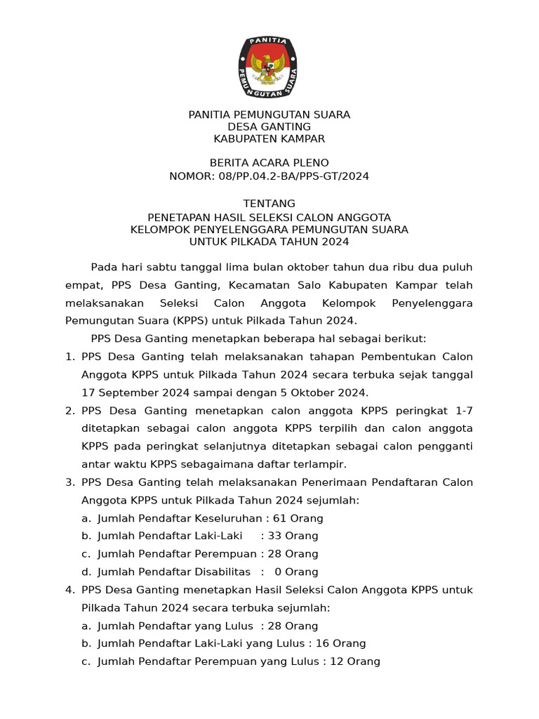 Berita Acara PPS Penetapan Hasil Seleksi KPPS Ganting | PDF
