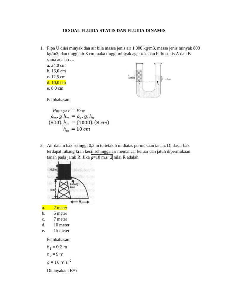 10 Soal Fluida Statis Dan Fluida Dinamis | PDF | Metode & Bahan Ajar