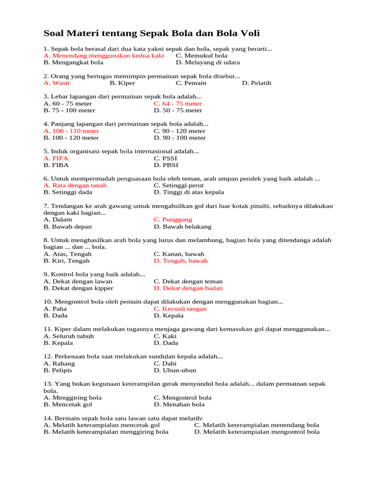 Soal Materi Tentang Sepak Bola Dan Bola Voli Kelas KD1 | PDF