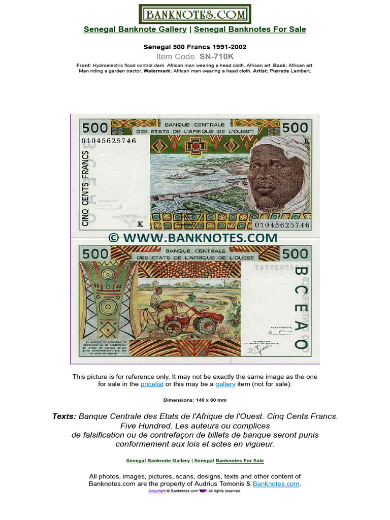 Senegal 500 Francs 1991-2002 - Senegal Currency Bank Notes, West ...