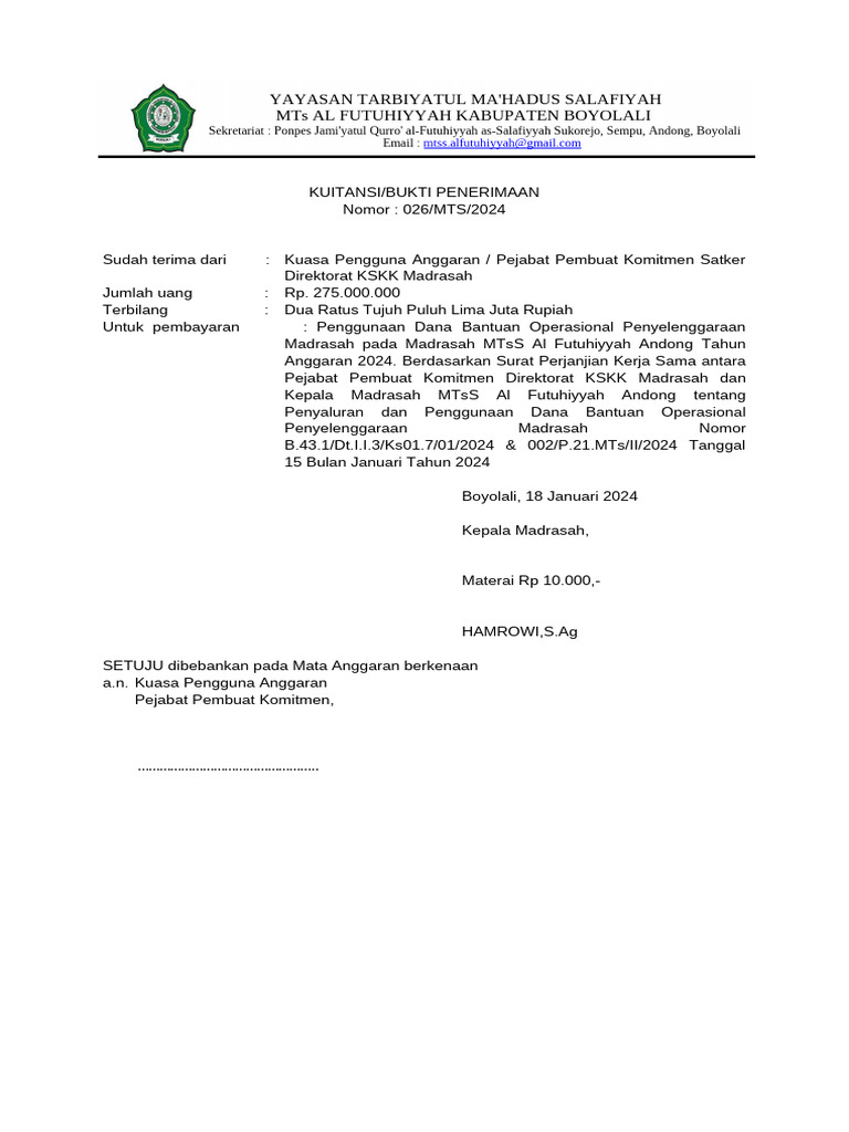 Kuitansi_Penerimaan_BOS_2024 | PDF