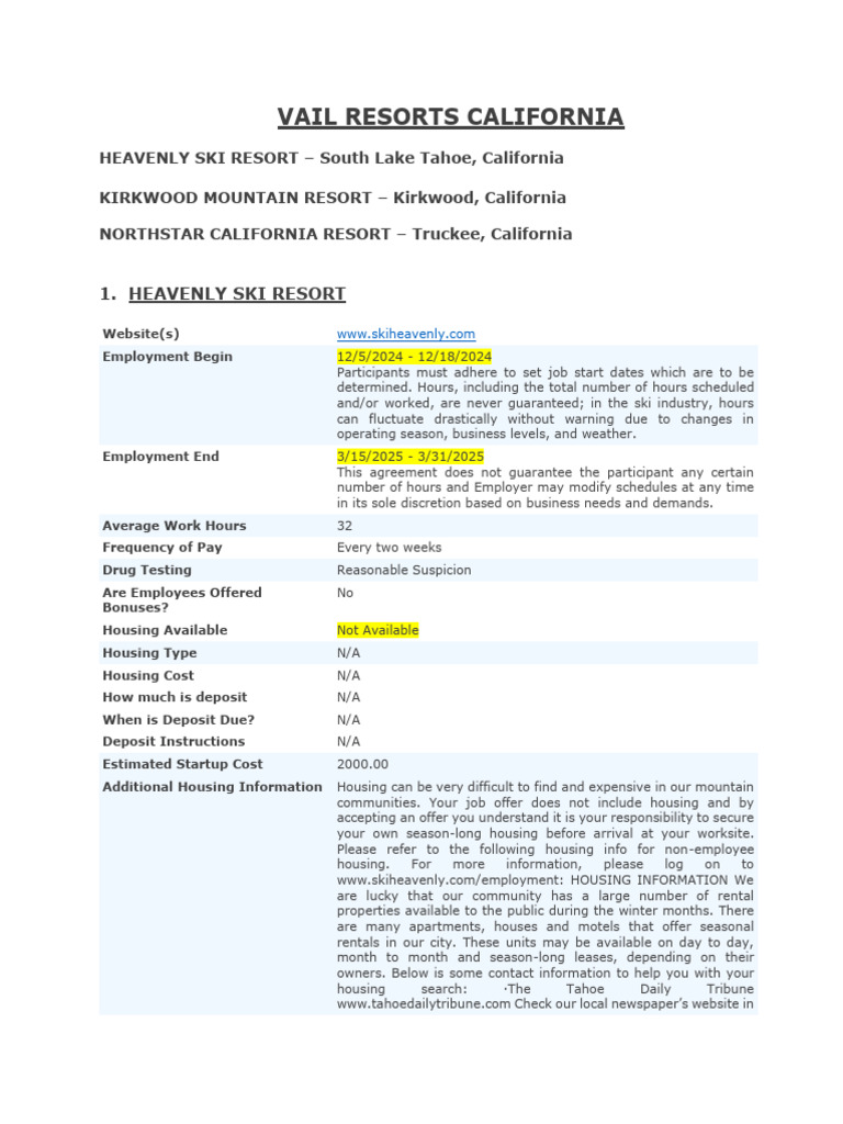 Vail Resorts CALIFORNIA | PDF