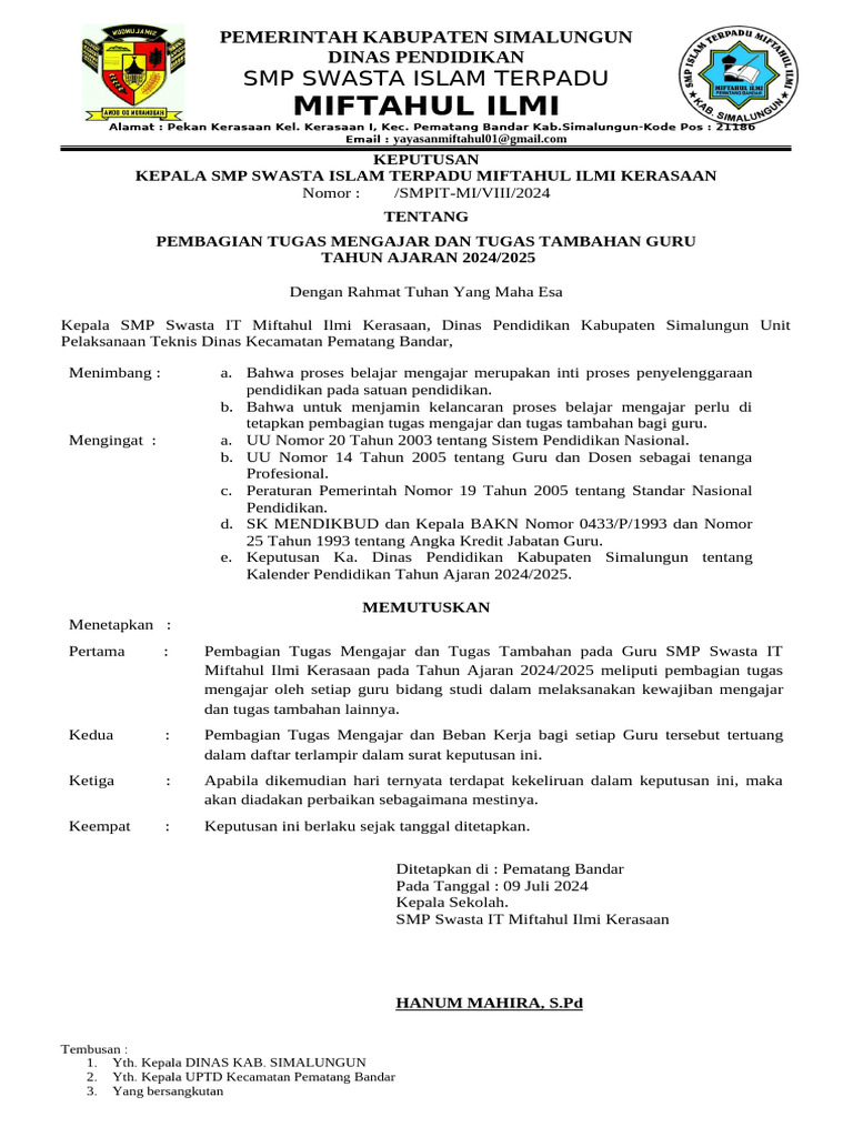 SK Pembagian Tugas SMP 2024-2025 Ganjil | PDF