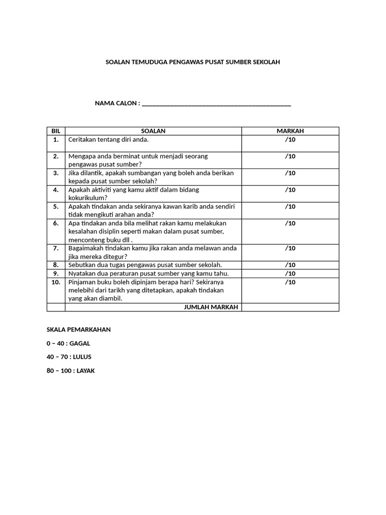 Soalan Temuduga Pengawas Pusat Sumber Sekolah | PDF