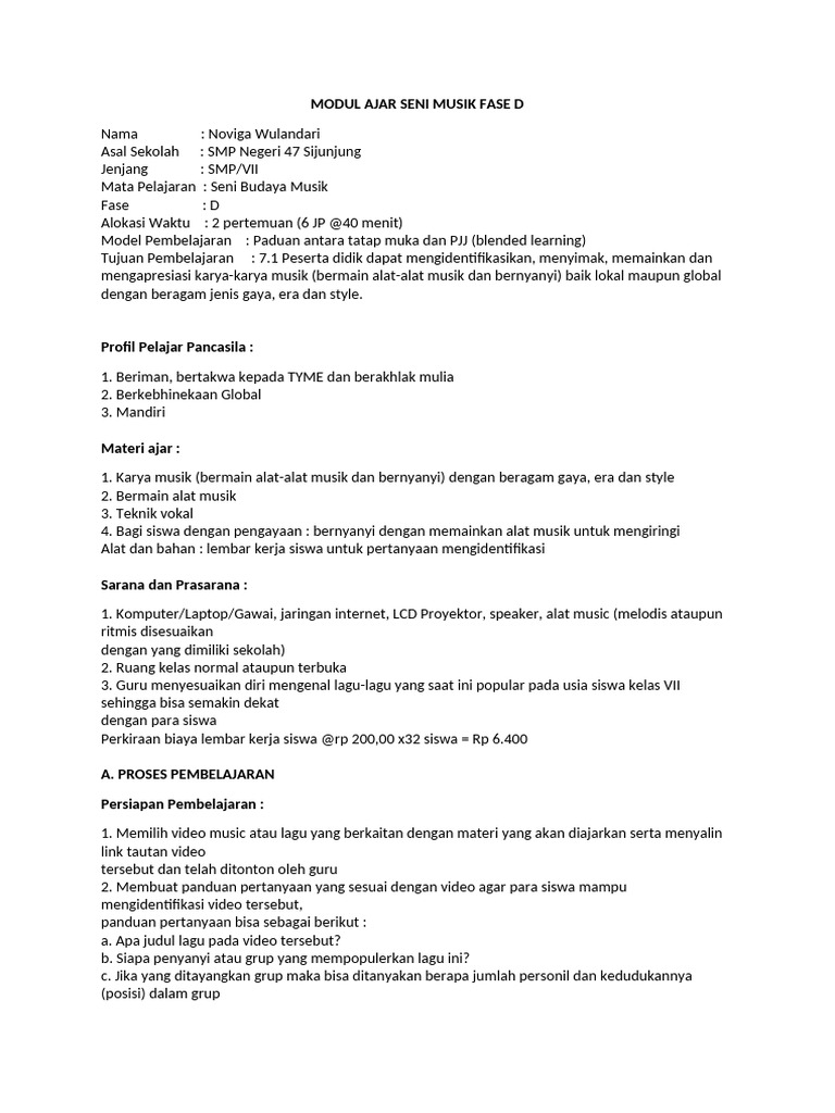 Modul Ajar Seni Musik Fase D Seni Budaya | PDF | Karier & Perkembangan