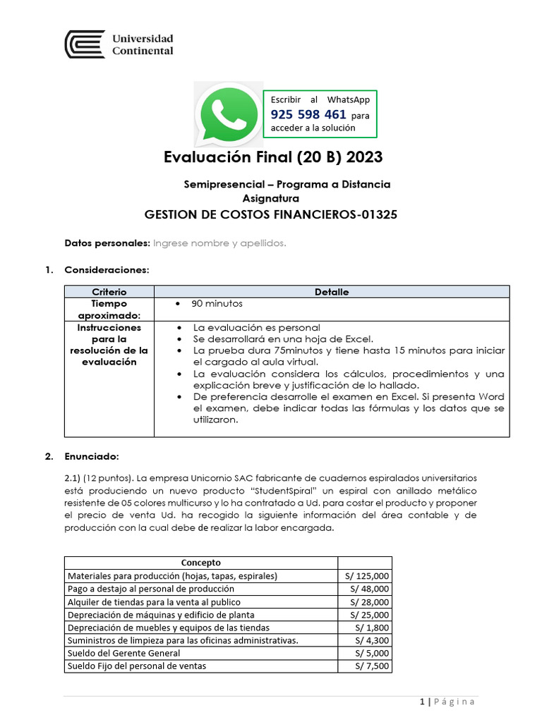 Evaluacion Final Gestion de Costos Financieros | PDF