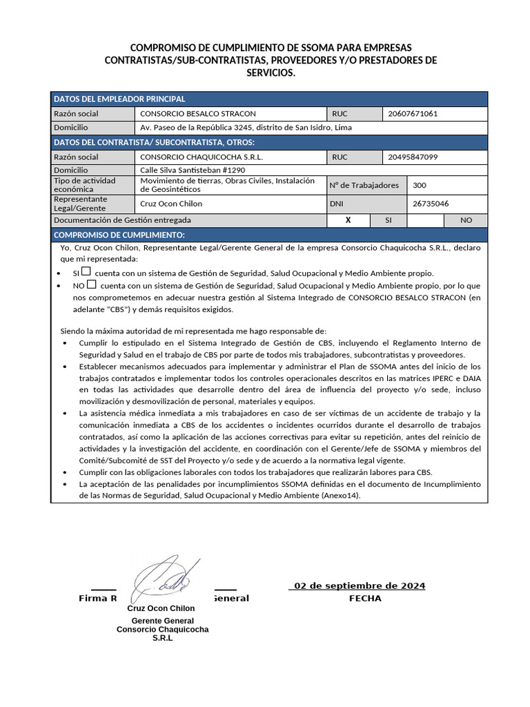 Formato 4 Compromiso de Cumplimiento SSOMA | PDF