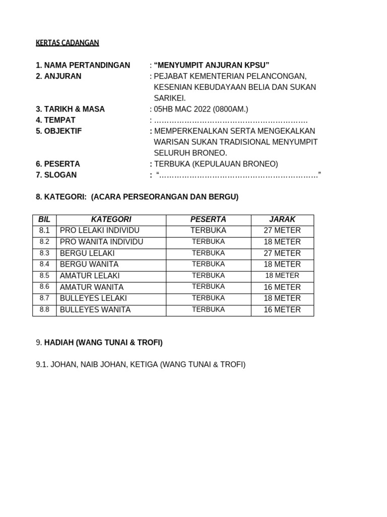 Kertas Cadangan Kelab Menyumpit Anjuran Kpsu Sarikei 2022 | PDF
